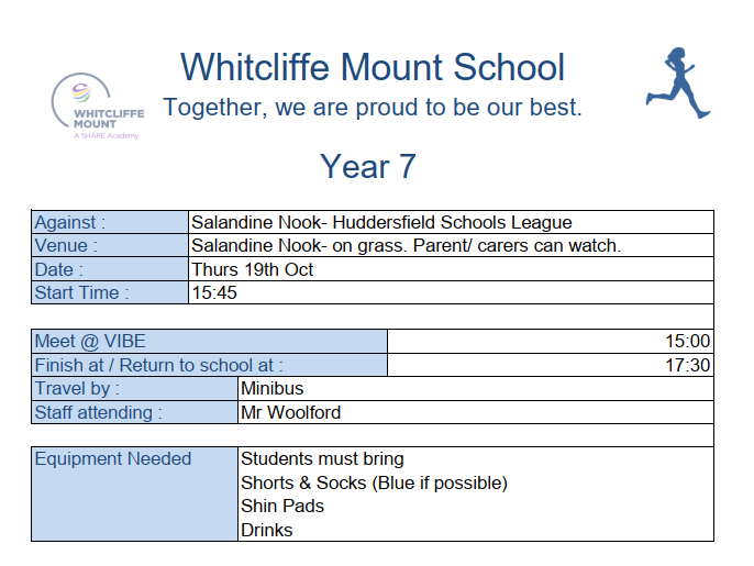 Whitcliffe Mount, A SHARE Academy - Y7 Football Fixture