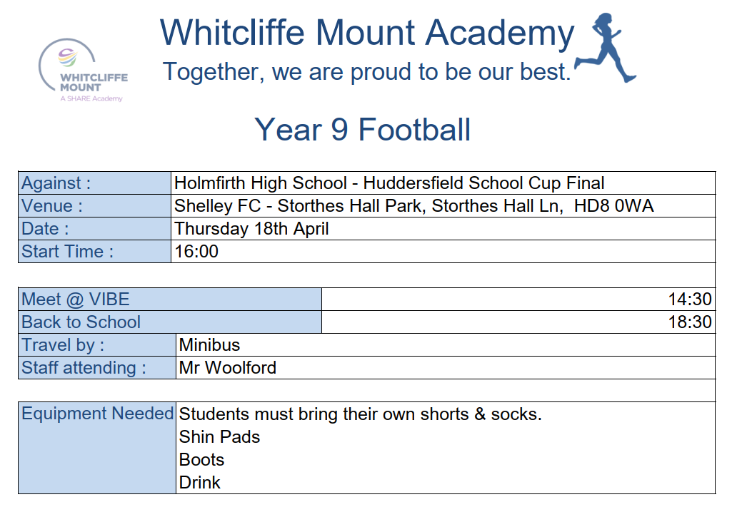 Whitcliffe Mount, A SHARE Academy - Y9 Football Fixture